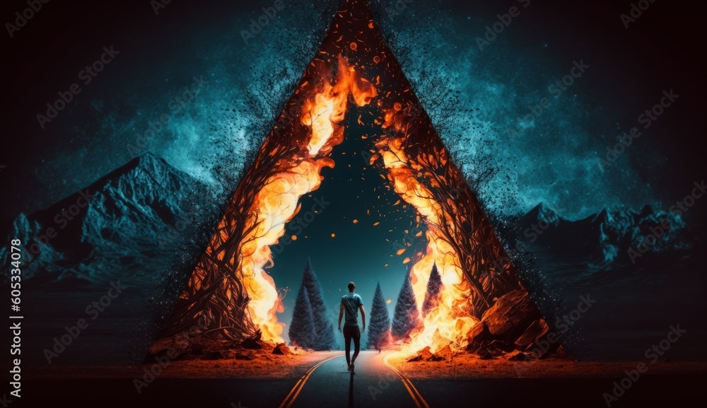 Triangular fire portal, gate on the way to another dimension. Journey ...