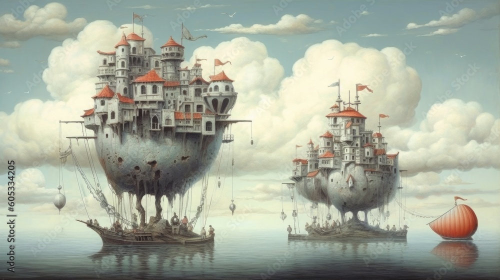 A painting of a floating island in an abstract surrealist style. An old ...