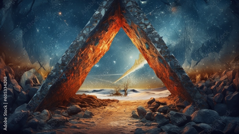 Triangular fire portal, gate on the way to another dimension. Journey ...