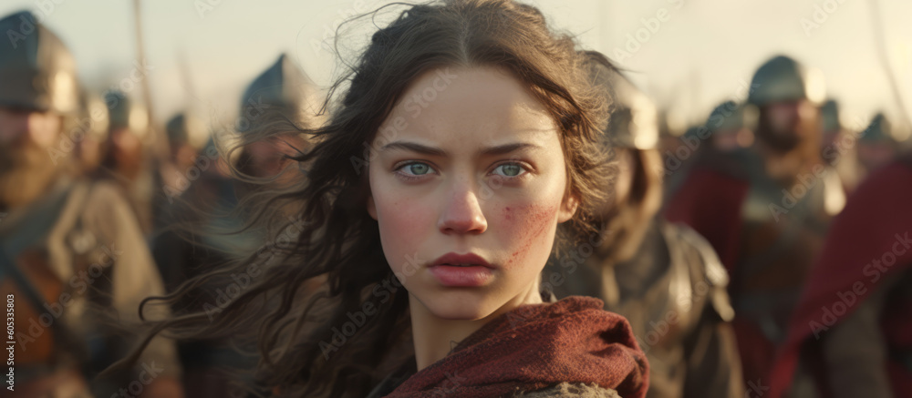 A young woman on a battlefield. Girl Power. Strong woman. Independent ...