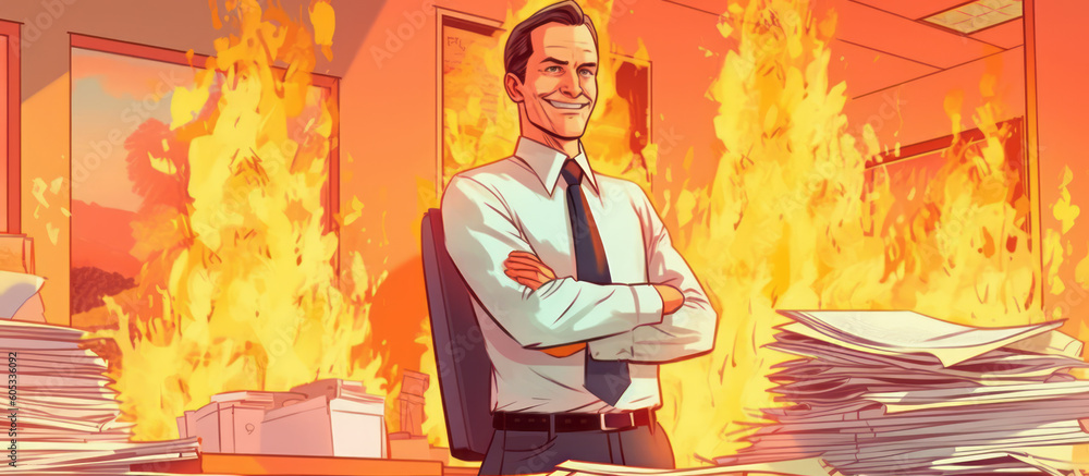 A smug CEO or businessman smiles while a fire burns in the background ...