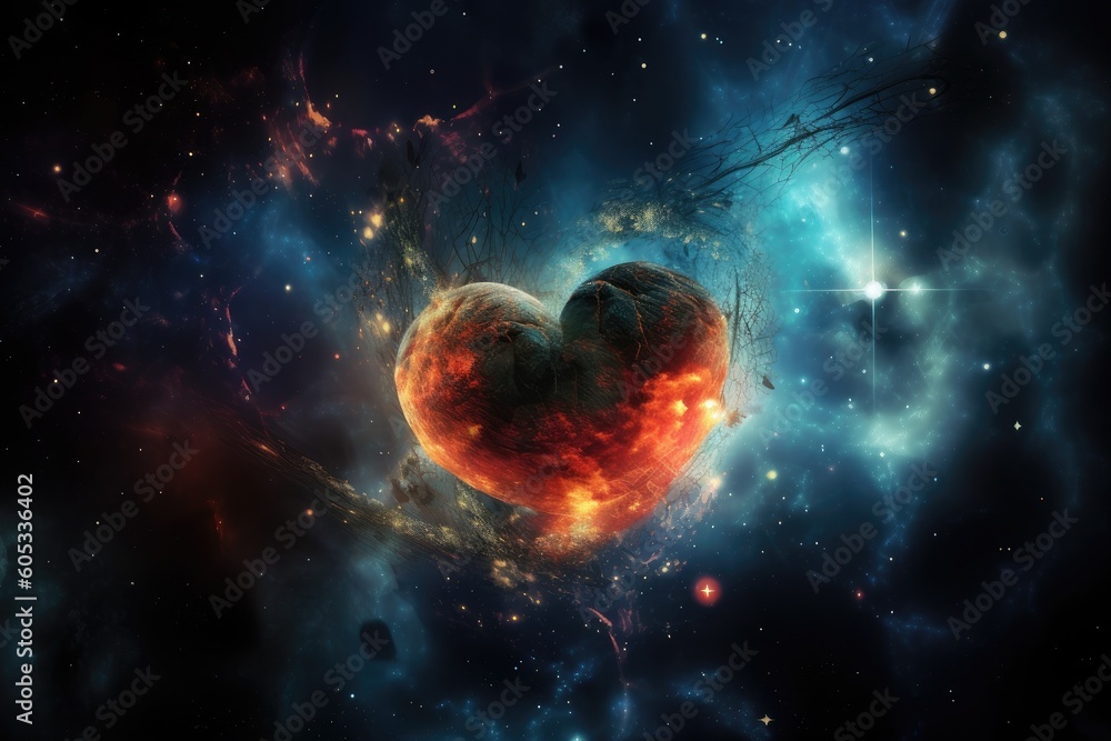 heart, beating inside nebula, with stars and planets visible in the ...