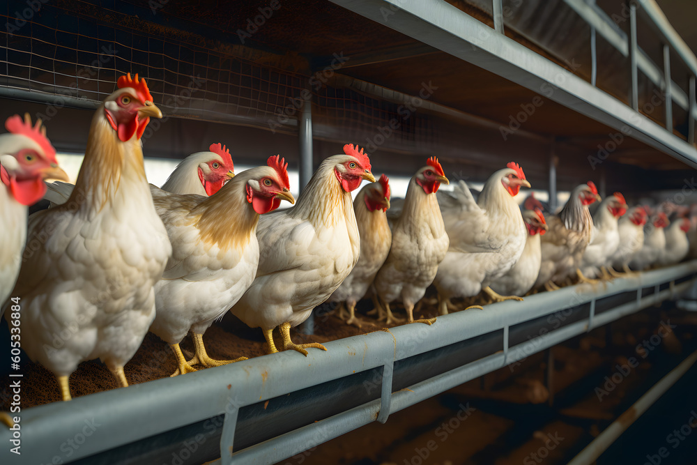 Poultry farm broiler farm with a group of adult laying hens in a modern ...