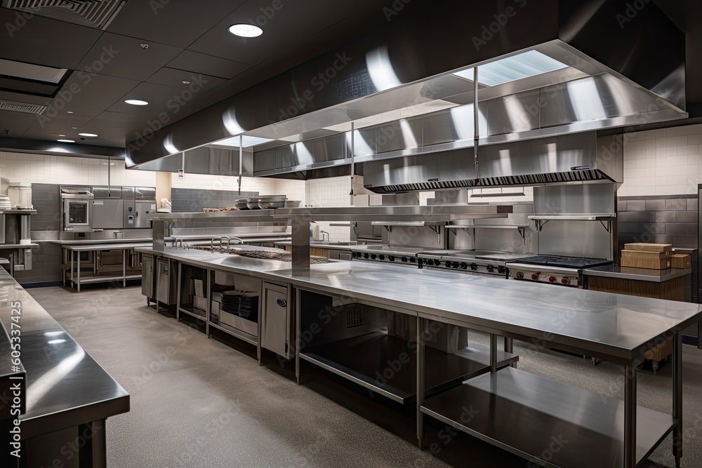high-volume kitchen with centralized food preparation stations and ...