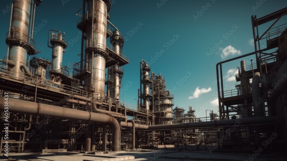 The industrial perspective showcases an oil refinery in an industry ...