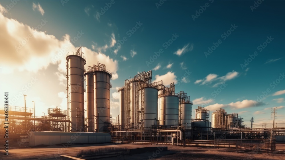 The industrial perspective showcases an oil refinery in an industry ...