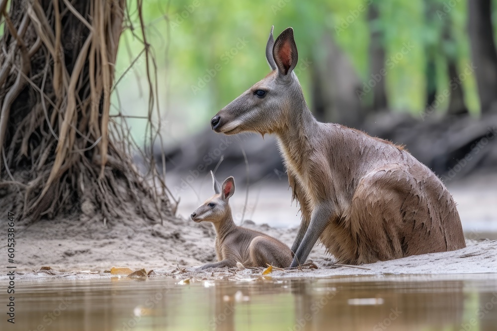kangaroo mother sitting on riverbank, drinking water and keeping ...