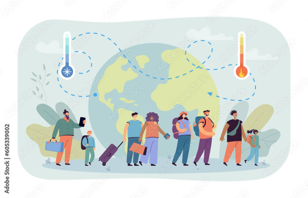 Line of people migrating vector illustration. Happy people moving to ...
