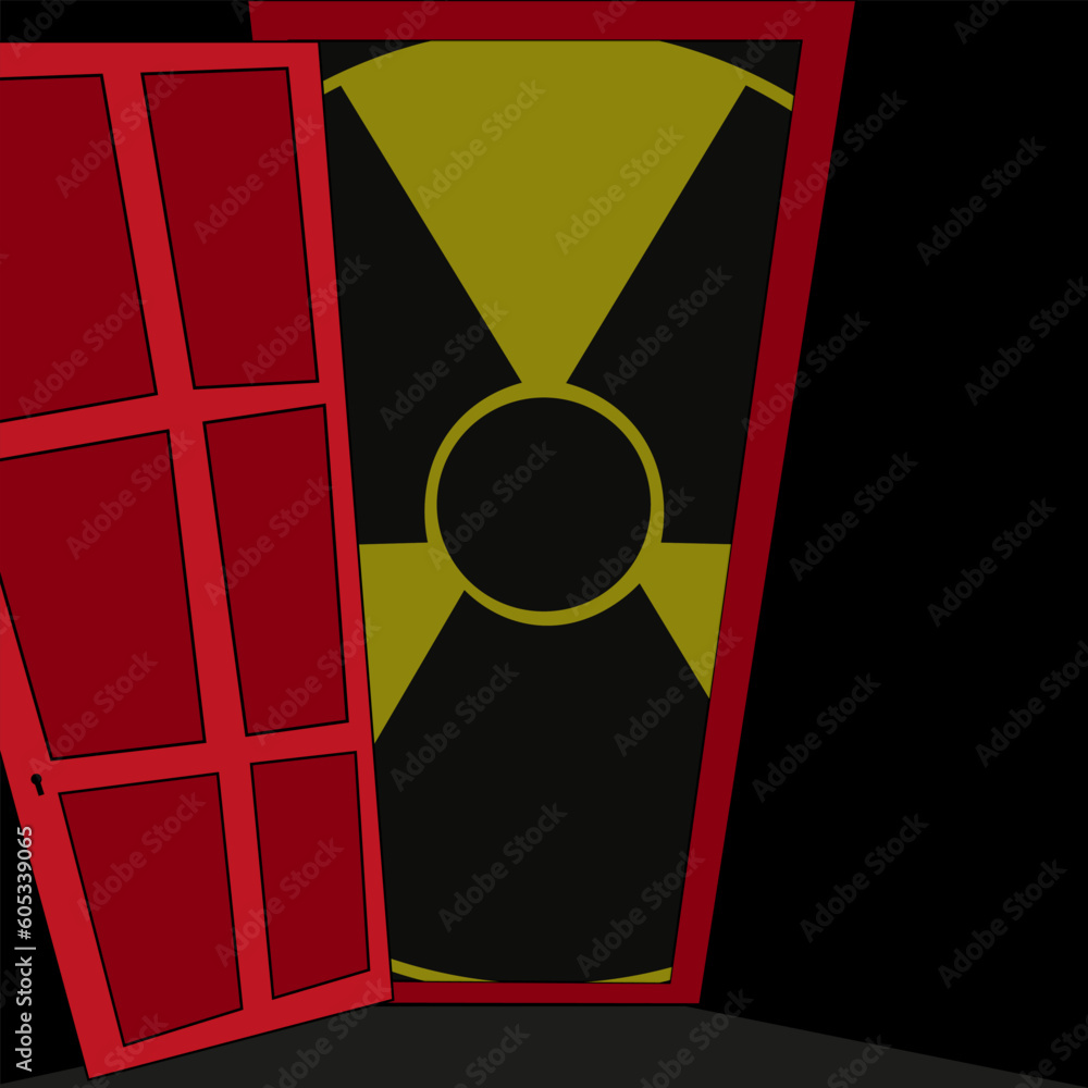 Scary card with Nuclear Hazard Symbol in the doorway. Horror banner ...