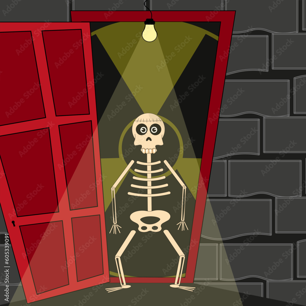 Scary card with Skeleton in the doorway against Nuclear Hazard Symbol ...