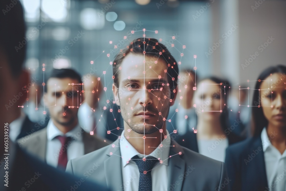 Facial Recognition technology, business man face detected in crowd, Big ...