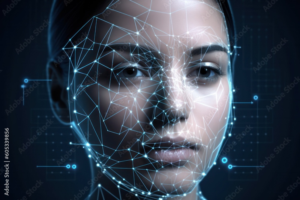concept of authentication by facial recognition, woman face showing ...