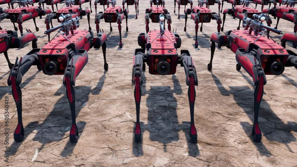 An army of advanced robotic AI military sniper dogs lined up and ready ...