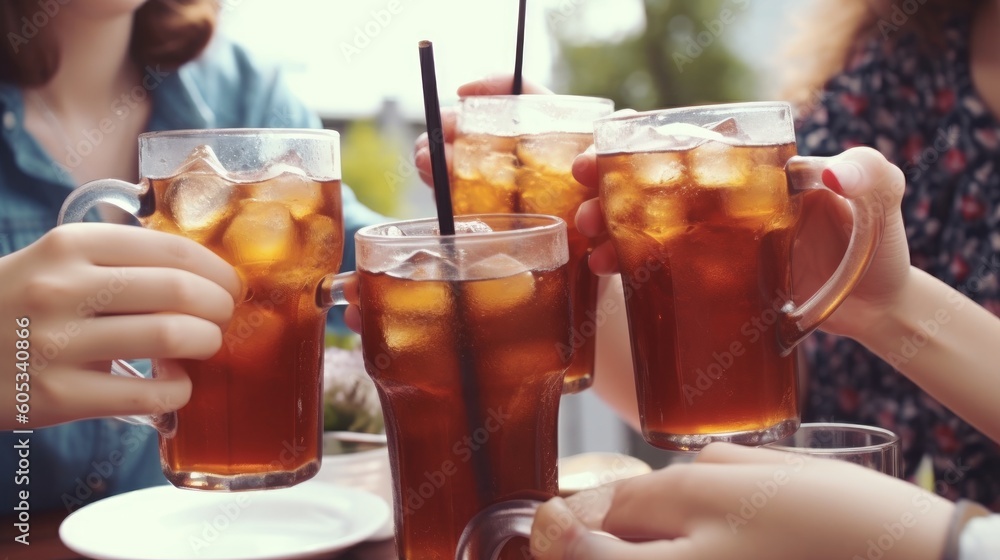 A group of people gathered, raising their glasses in a toast with ...