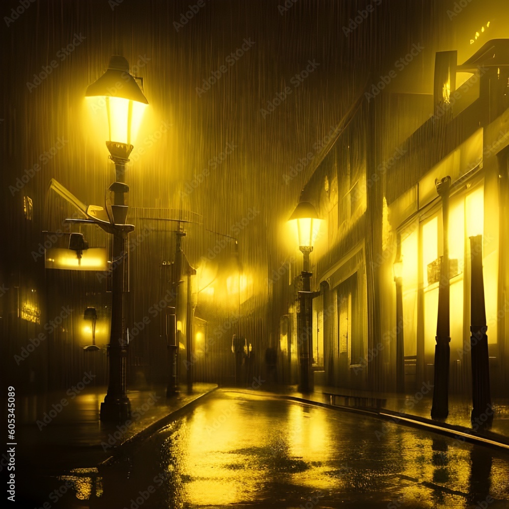 empty street in the night with pouring rain and streetlight reflecting ...
