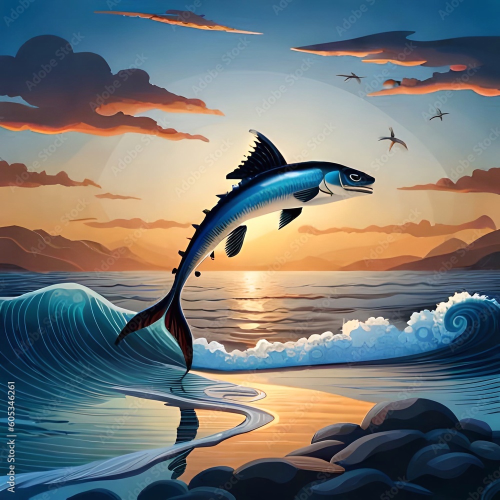 Vector illustration of a big fish jumping out of the water on a sunset ...
