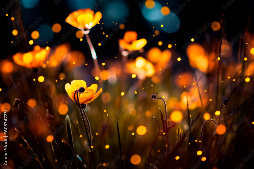 Glowing fireflies fly across a wild meadow at night. AI generated ...