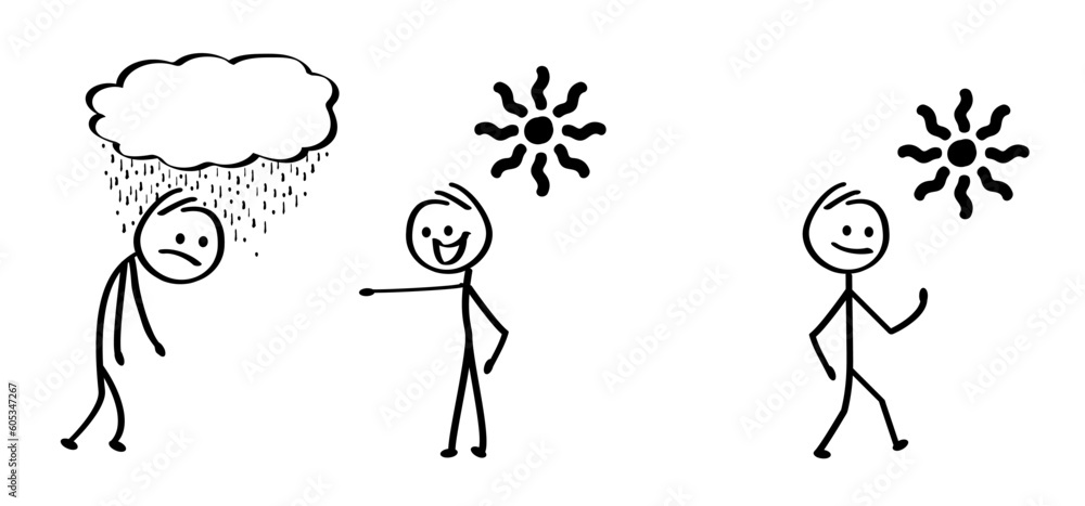Cartoon stickman stick figure man walking in the rain, storm or fair ...