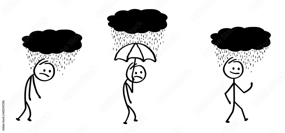 Cartoon stickman stick figure man walking in the rain, storm or fair ...