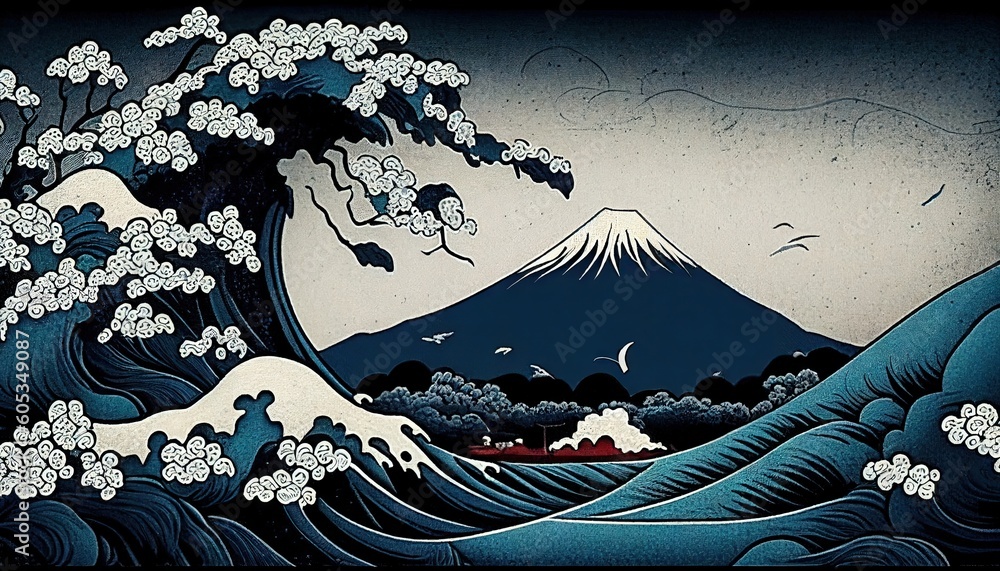 Fuji breaking through the surging waves of a traditional Japanese ukiyoe Abstract, Elegant and ...