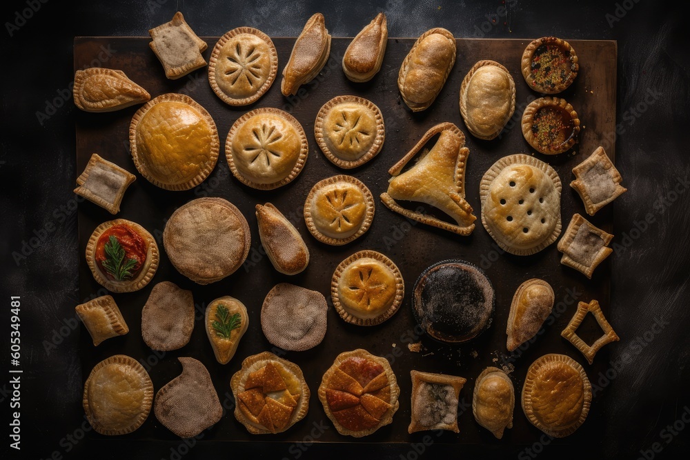 collection of meat pies, each in different shape and size, created with ...