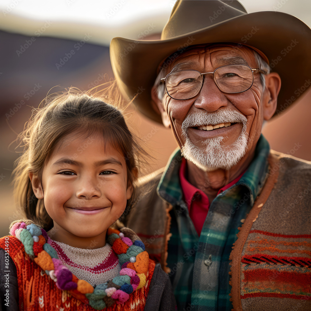 Portrait of a smiling Native American Indian grandfather and ...