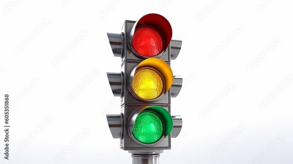 silver traffic light with all illuminated colors isolated on white ...