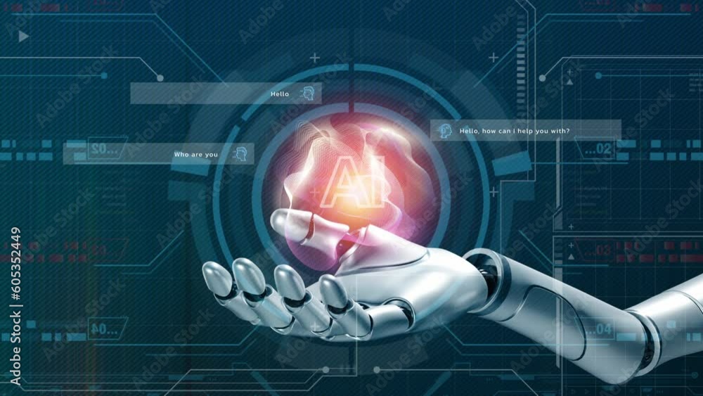 Robot hand shows AI icon provide access information, digital chatbot concept. Artificial ...