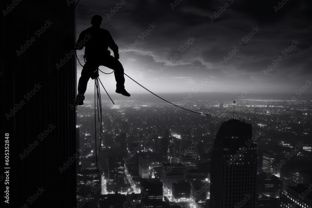 Hitman scaling a tall building, using ropes and climbing gear, with a ...