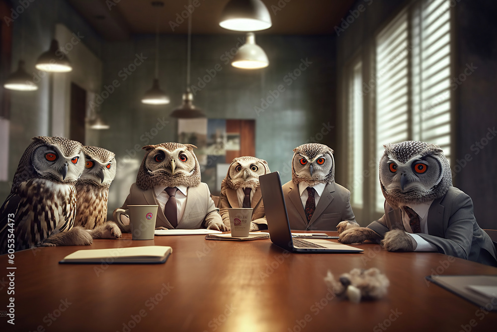Image of a flock of owls in suits and ties sitting around the ...
