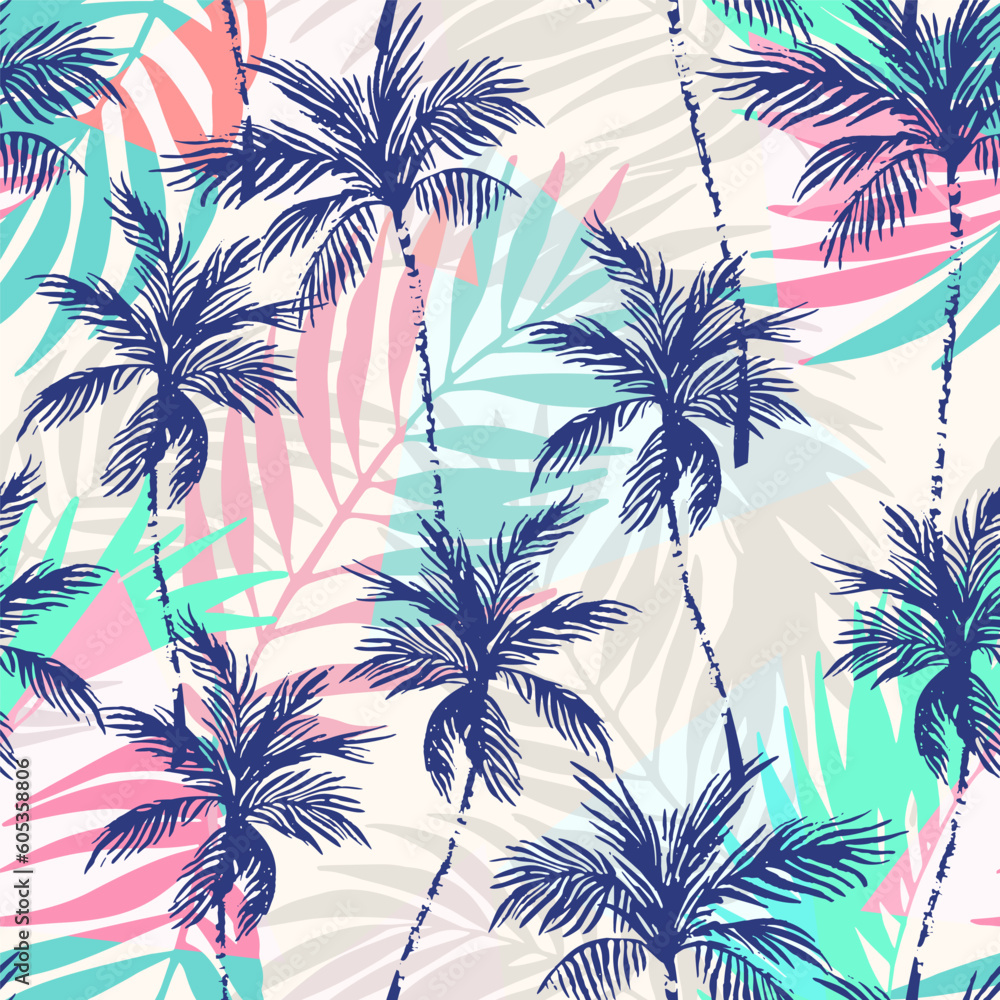 Abstract pink coconut trees on palm leaves background Stock Vector ...