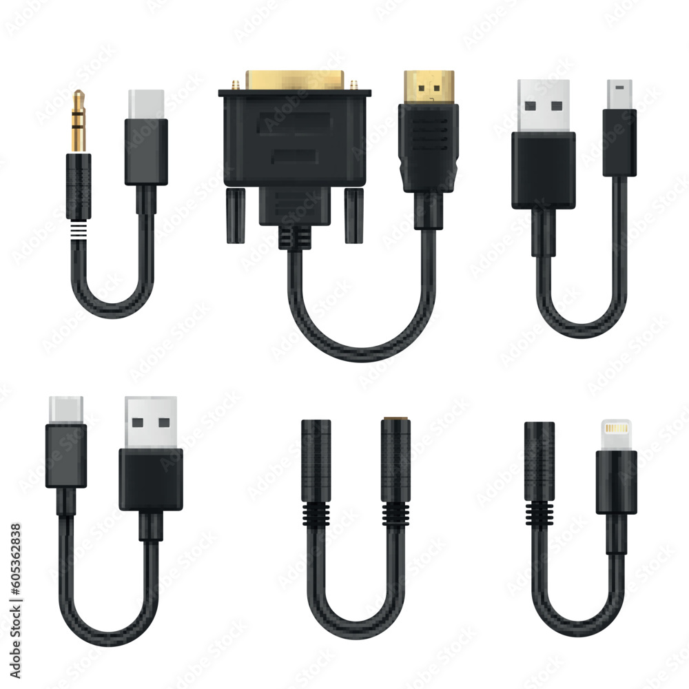 Cables adapters black flexible wires with usb different types ...
