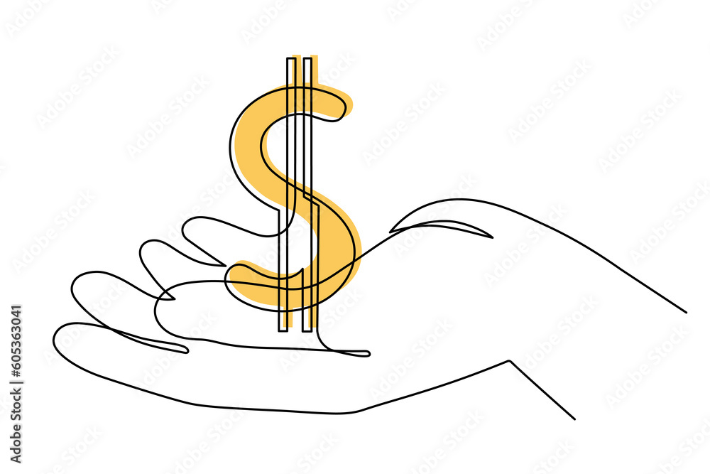 Hand holds dollar sign,one line art,continuous contour drawing, hand ...