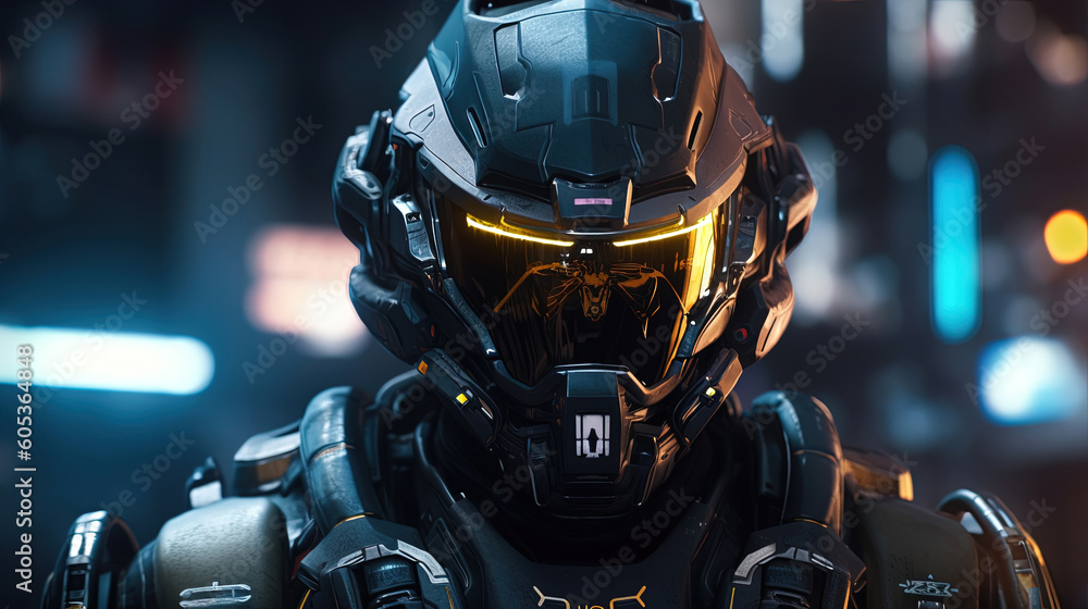Epic warrior with futuristic dynamic armor helmet with cyberpunk style ...