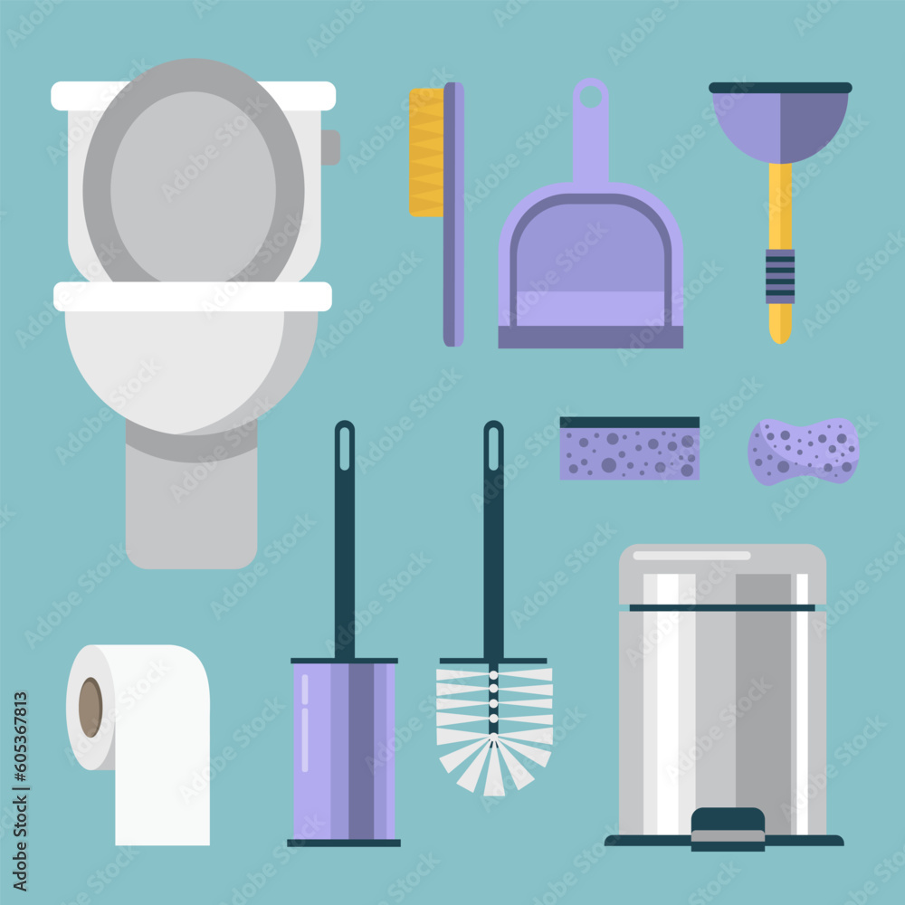 Cleaning and disinfection tools. Toilet bowl with toilet paper, trash ...