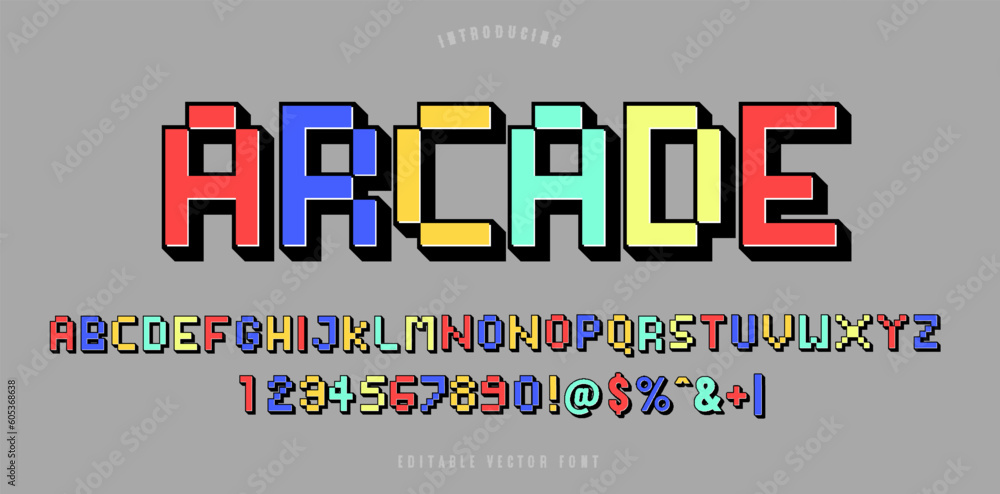 Pixel 3d retro font Video computer game design 8 bit letters and numbers Vector alphabet Stock ...