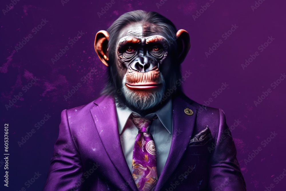 Poster, Foto A chimpanzee turned human dressed in a suit and tie poses ...