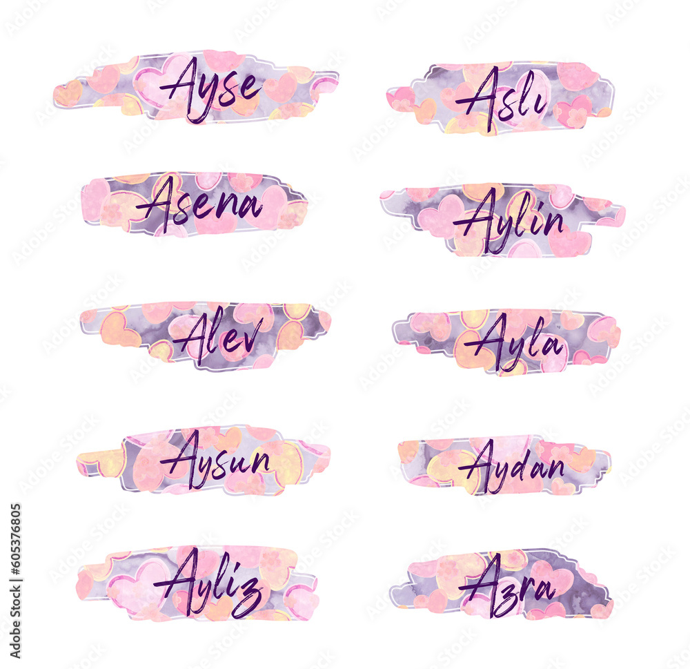 turkish girl names starting with letter A, stickers, labels, name tags ...
