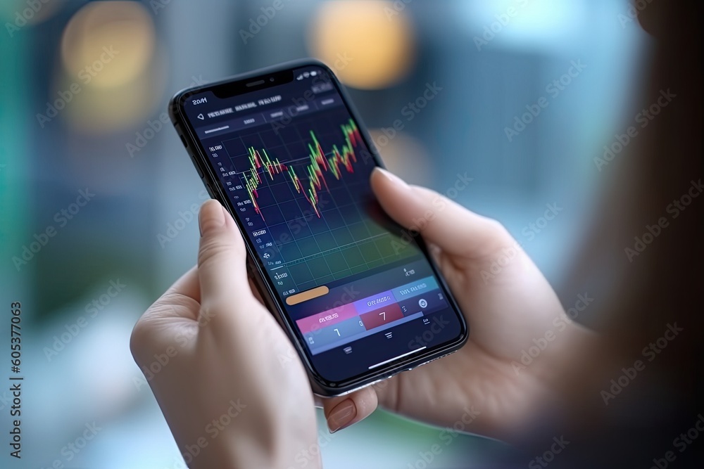 Close up hand business hold mobile phone and stock market graph on ...