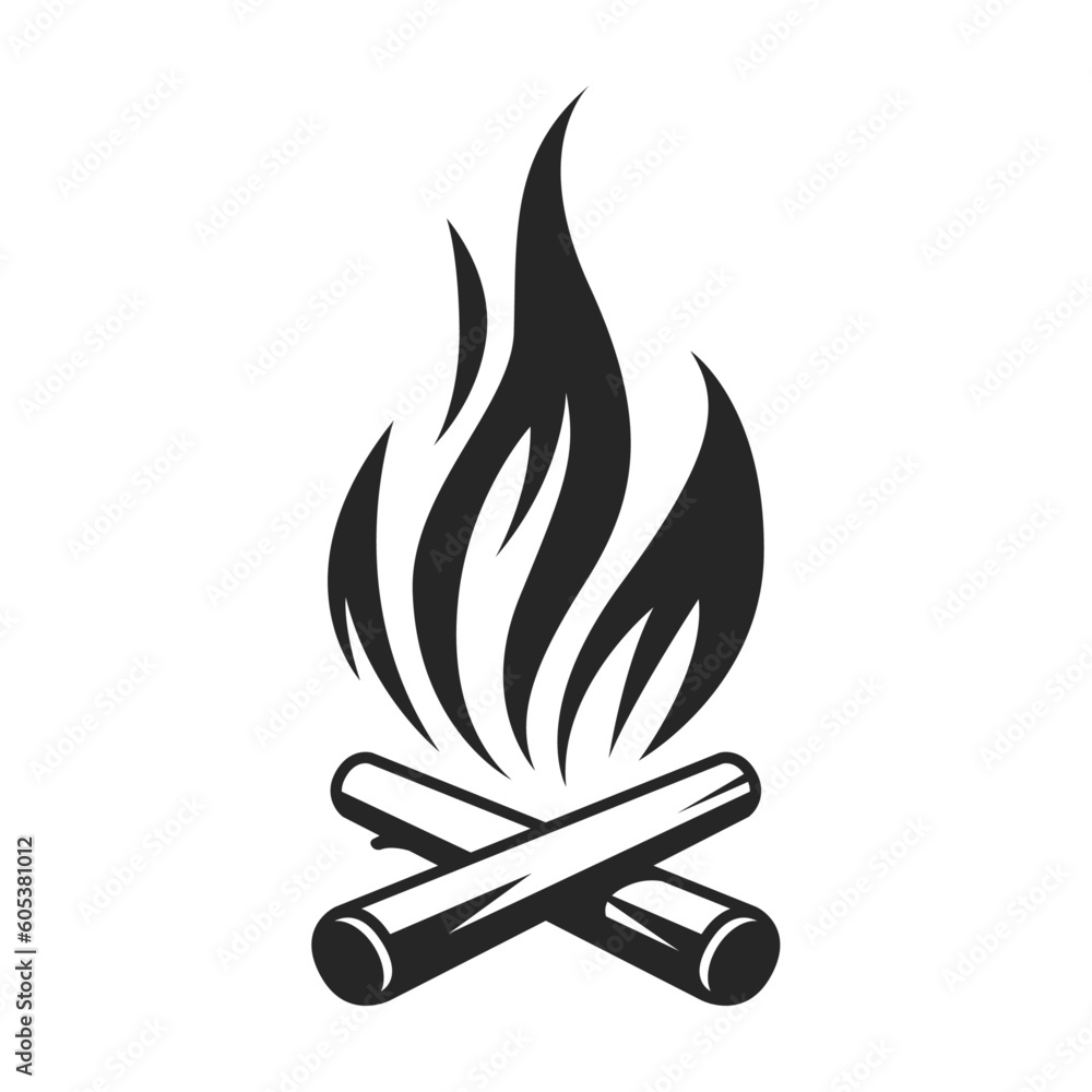Vector black and white cartoon illustration of burning fire with wood ...