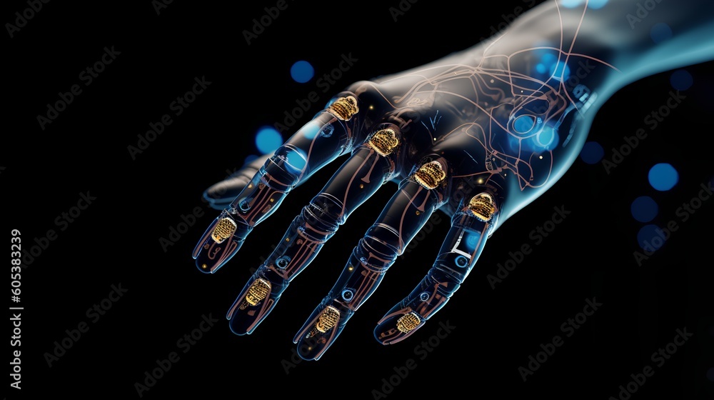 Concept of biohacking, showcasing hand half-human and half-cyborg. The ...