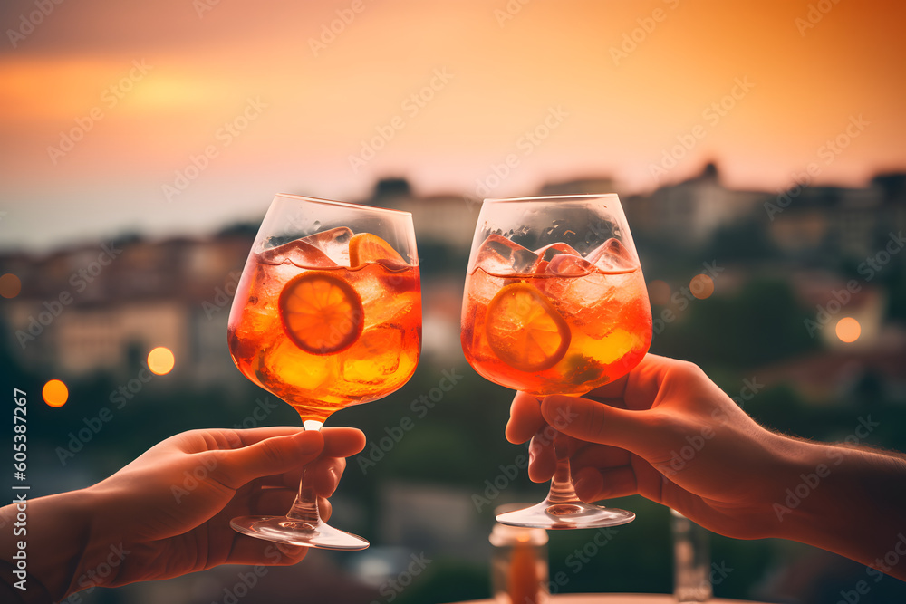 Aperol Spritz toasting with a summer background Stock Illustration ...