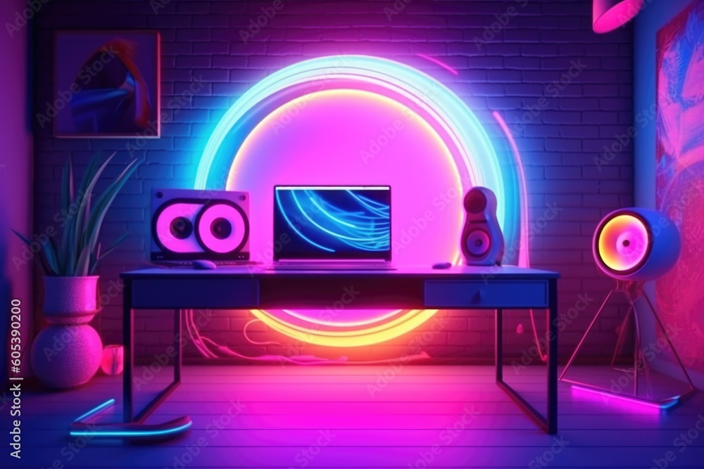 Neon colored futuristic working or gaming room full of colors. Lap top ...