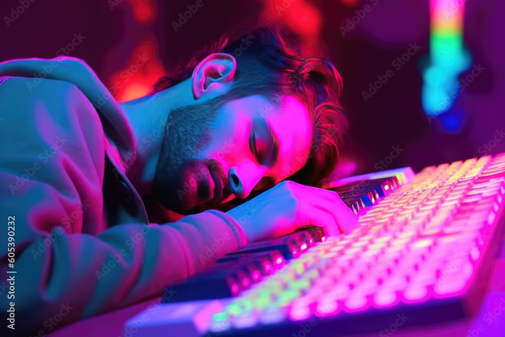 Man sleeping in neon colored futuristic working or gaming room full of ...