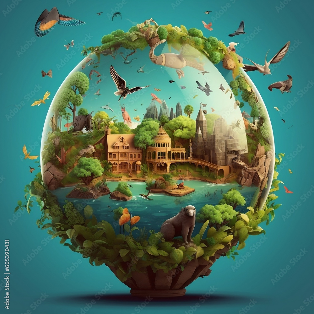 Biodiversity of nature. A concept art of natural habitats in a frame ...
