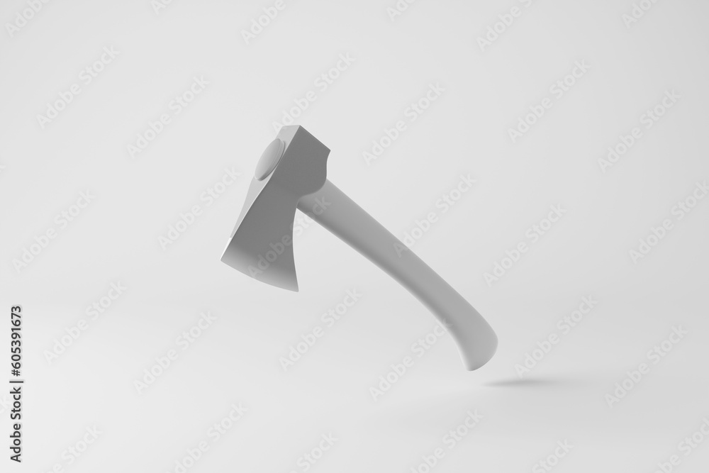 White axe floating in mid air casting shadow on white background in ...