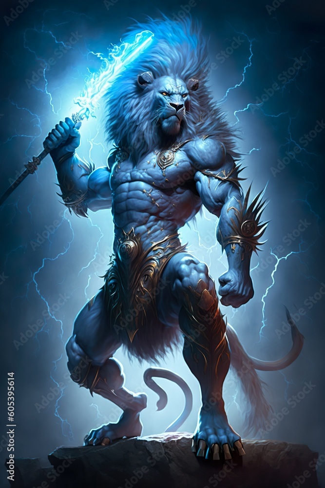 lion standing on two legs With a powerful mane and Holds a sword with ...