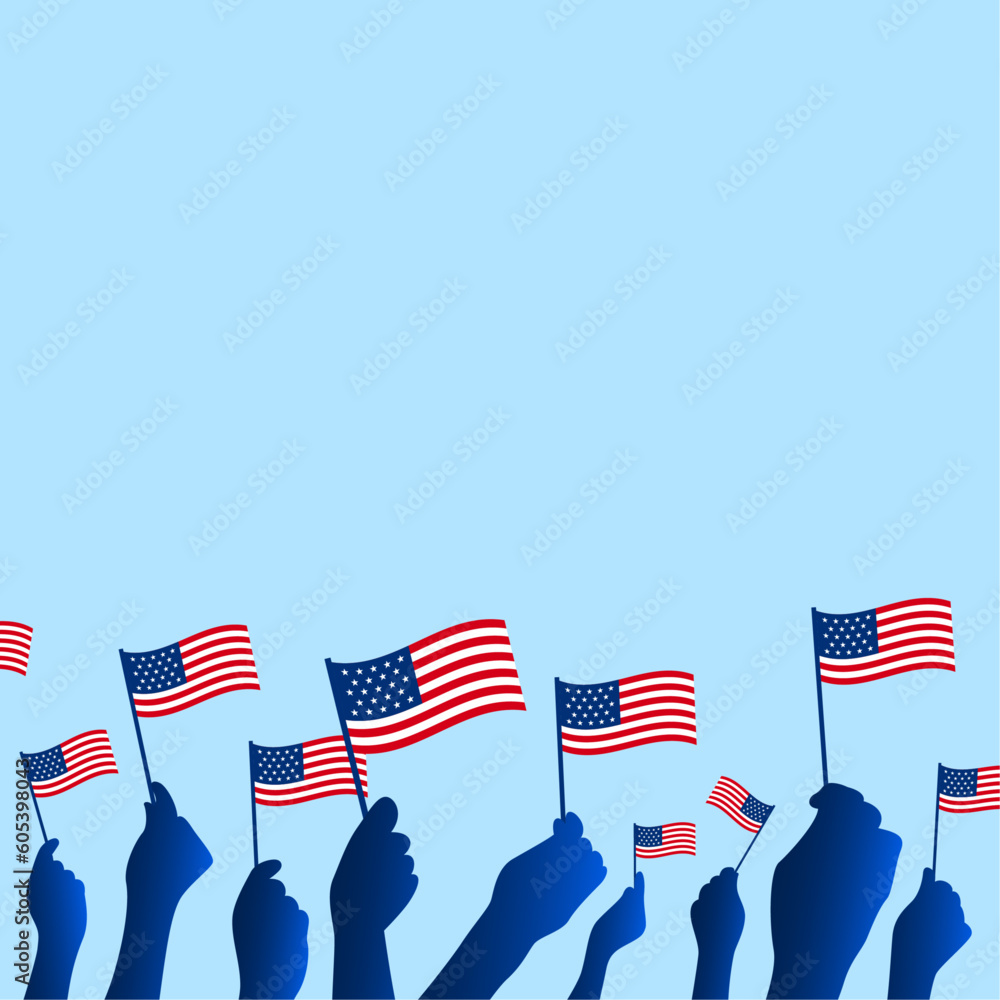 Vector illustration of patriotic human hands Holding Up American Flags ...