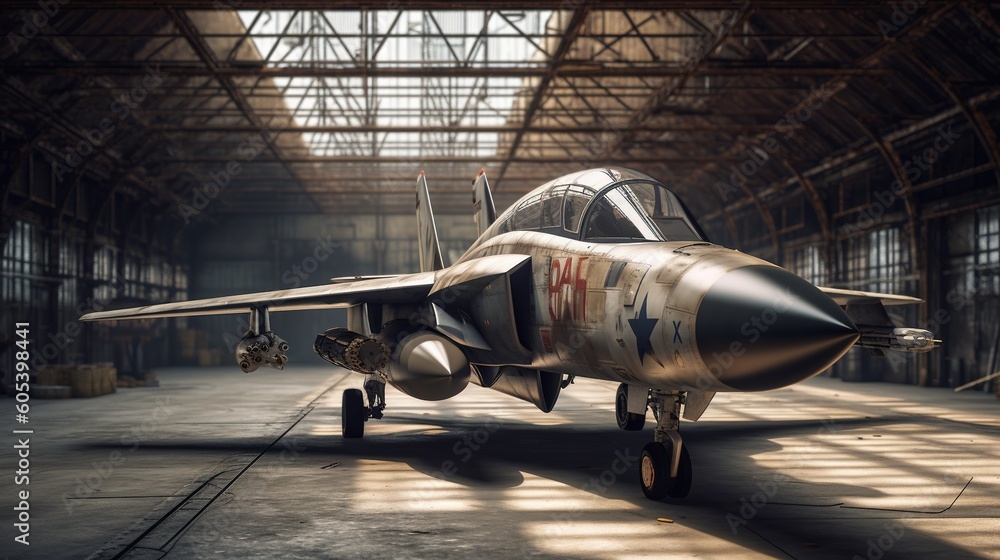 A military fighter jet resting within a military barracks, ready for ...