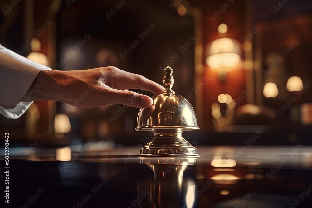Guest rings the service bell at the front desk, patiently awaiting ...